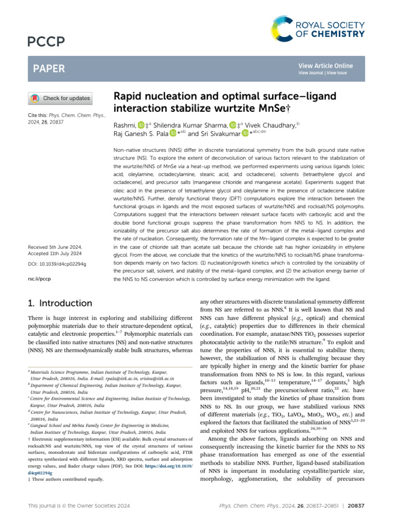 Paper: Rapid Nucleation and Optimal Surface-Ligand Interaction ...
