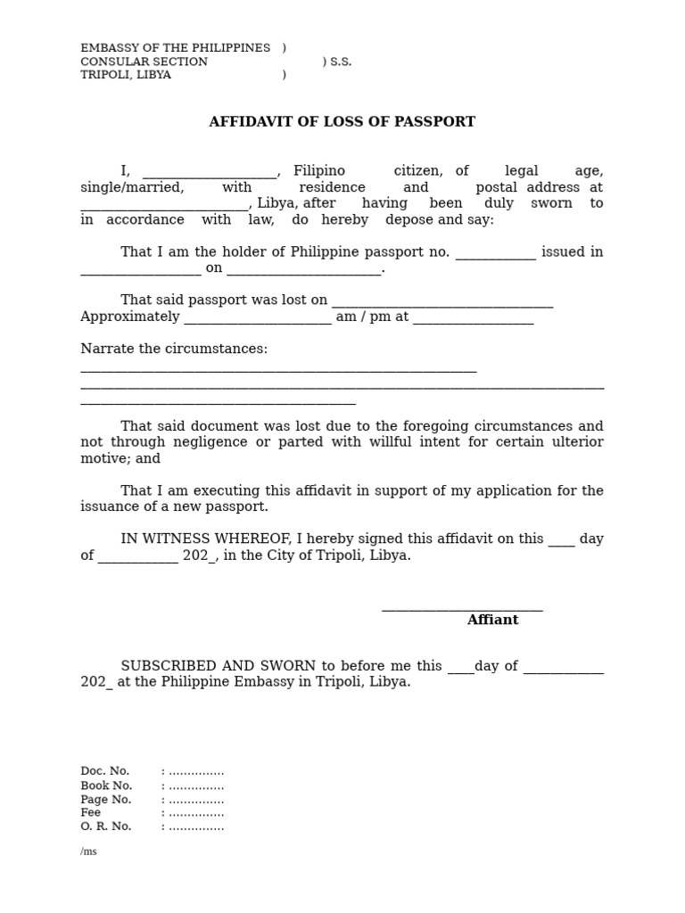 Affidavit of Loss of Philippine Passport | PDF