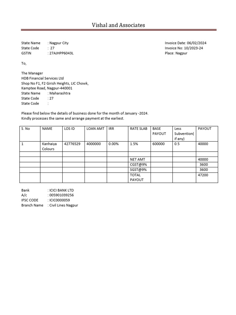 Vishal and Associates Bill - Kanhaiya | PDF | Finance & Money Management