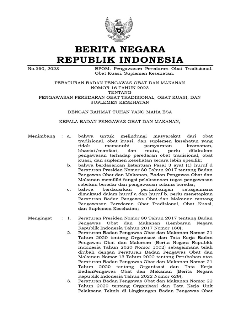 Peraturan-bpom-no-16-Tahun-2023 Pengawasan Peredaran Obat Tradisional ...