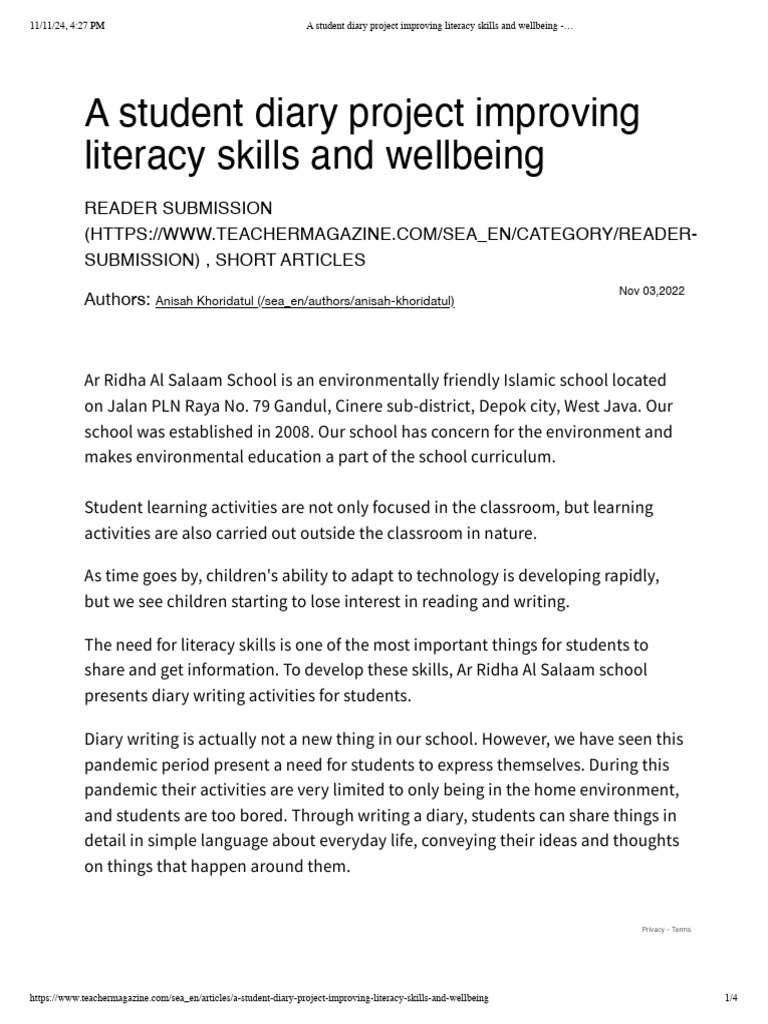 A Student Diary Project Improving Literacy Skills and Wellbeing | PDF ...