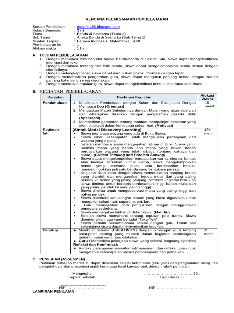 (Materiku86.Blogspot - Com) RPP Kelas 3 Tema 3 Subtema 1 Pembelajaran 1 K13 Revisi 2020 | PDF