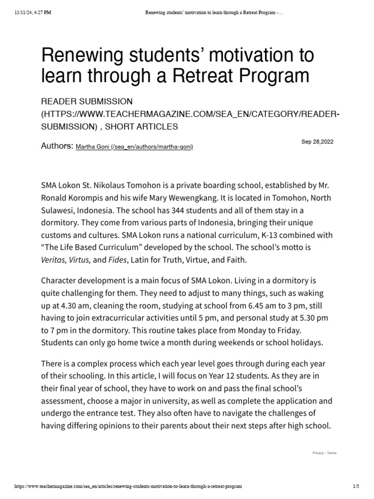 Renewing Students' Motivation To Learn Through A Retreat Program | PDF ...