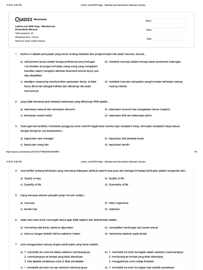 Latihan Soal SSW Kaigo - Martabat Dan Kemandirian Manusia | PDF