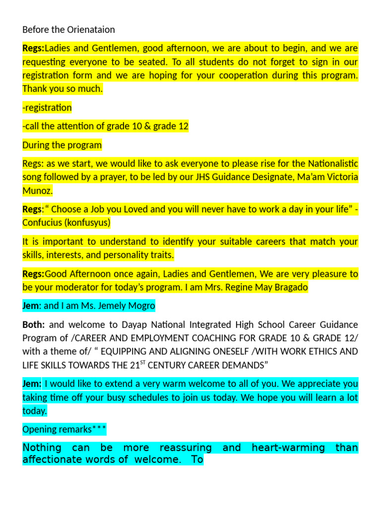 script for orientation.... | PDF