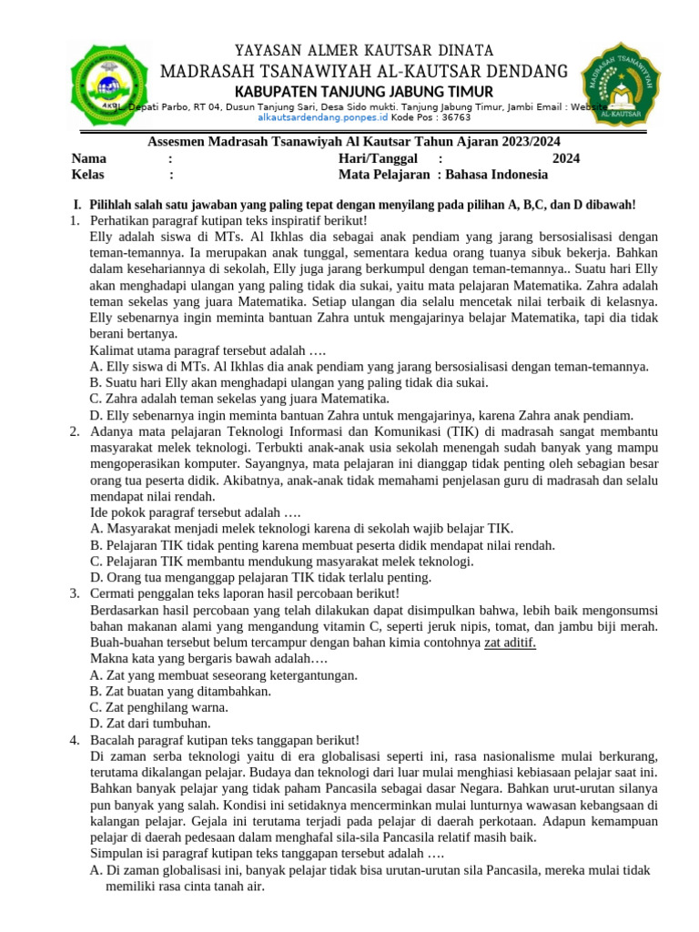 Soal Asesmen Bindo Kelas 9 | PDF | Ilmu Sosial