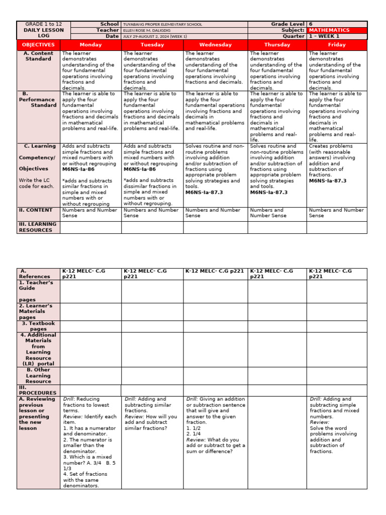 Math 6 Sy 23 24 Q1 W1 | PDF | Learning | Mathematics