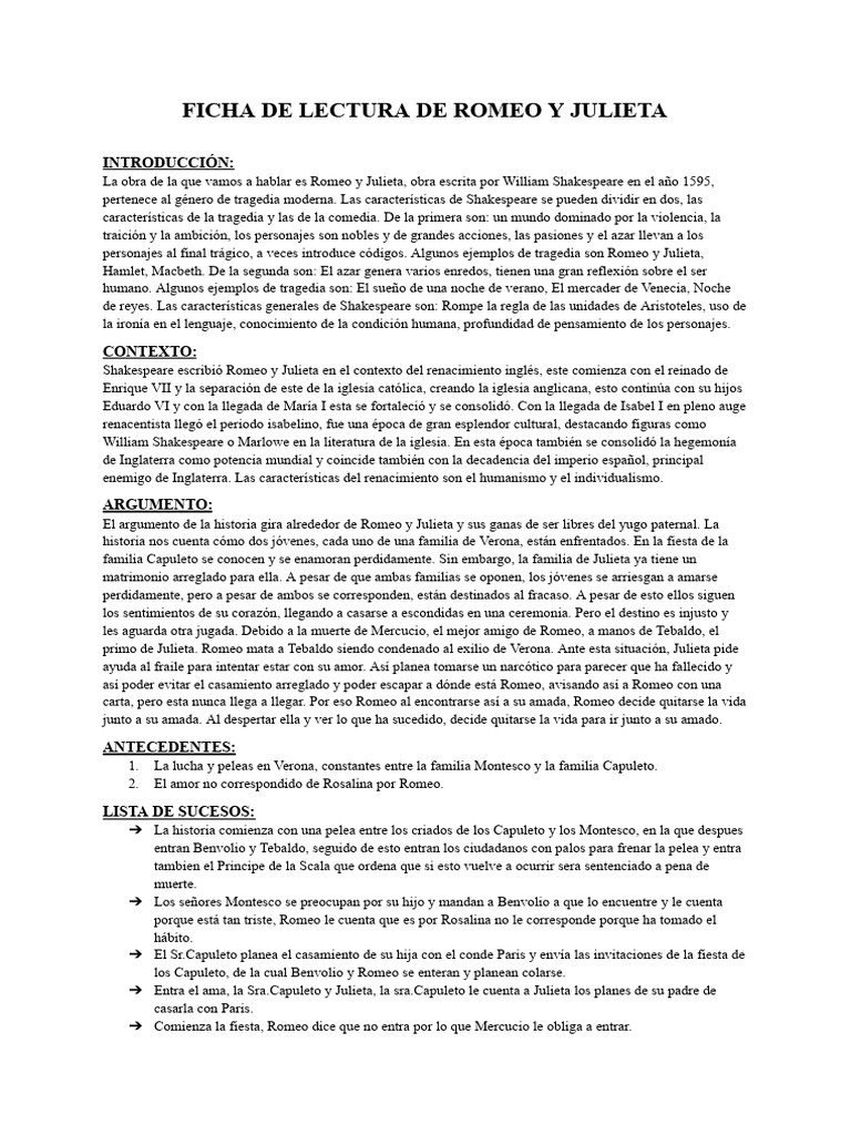 Ficha de Lectura de Romeo y Julieta | PDF | Romeo y Julieta | William Shakespeare