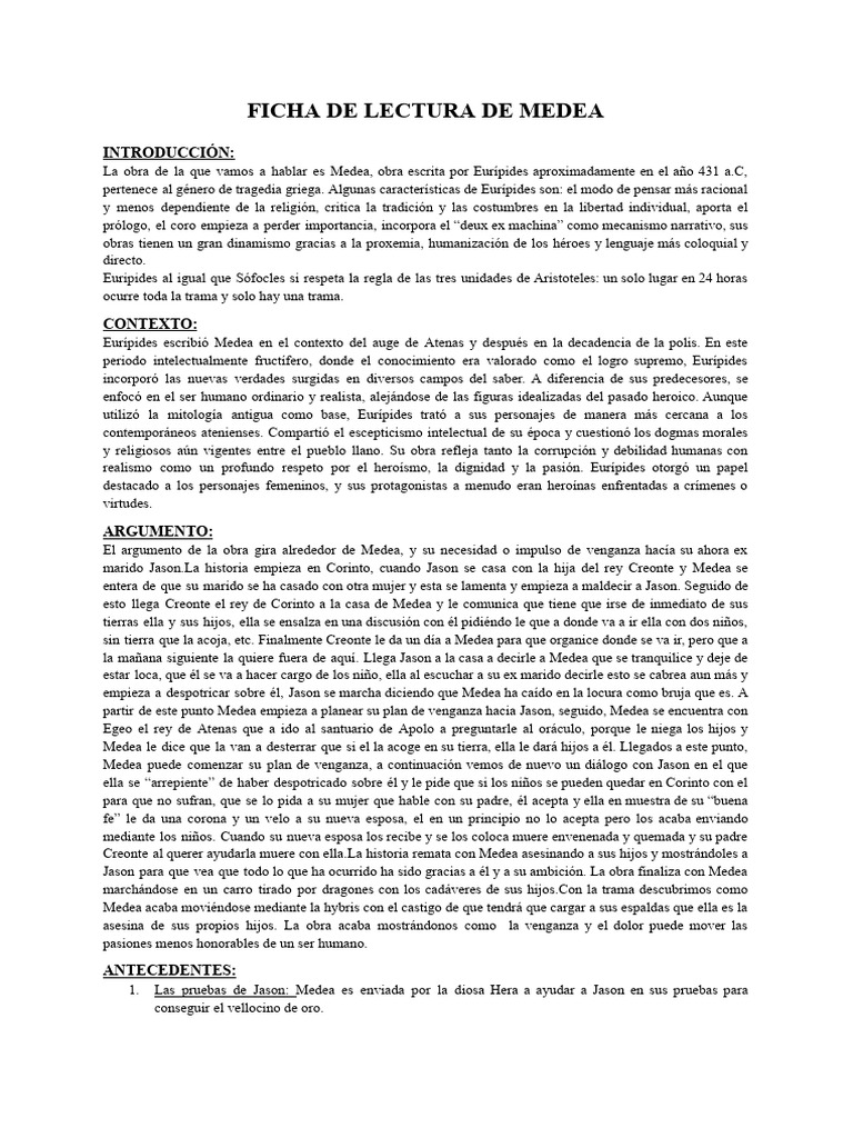 Ficha de Lectura de Medea | PDF | Jason