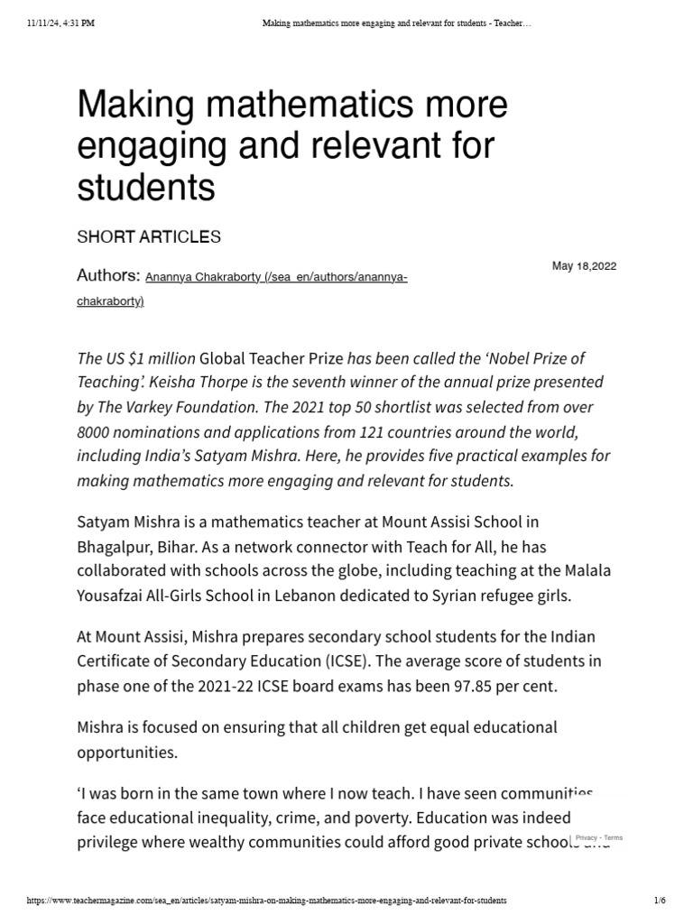 Making Mathematics More Engaging and Relevant For Students - Teacher ...