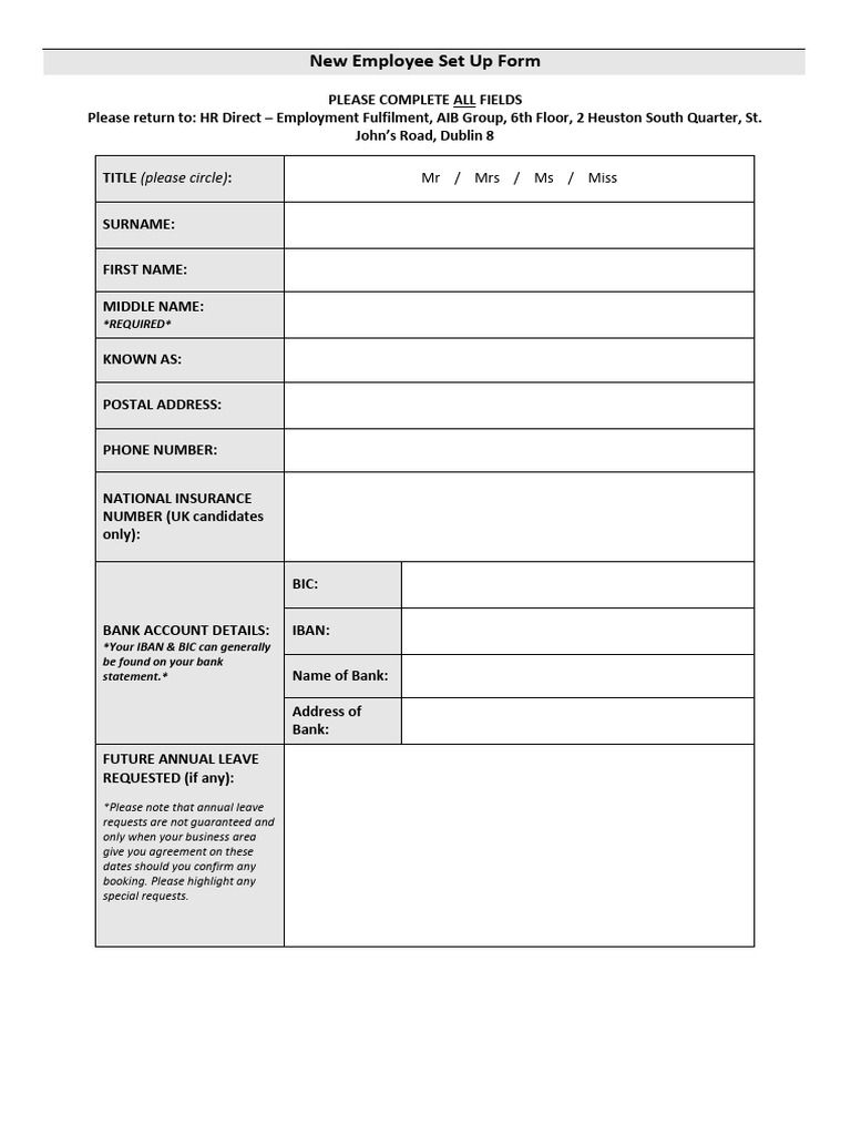 New Employee Set Up Form Sample | PDF