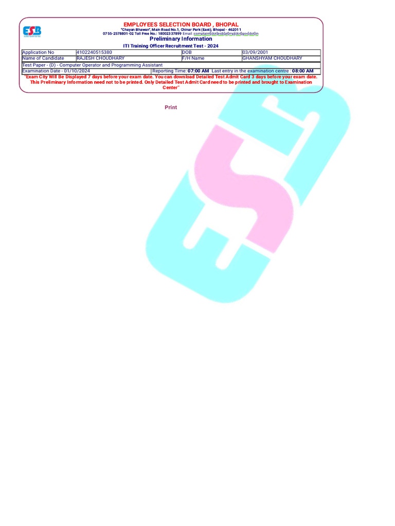 MP Esb Iti Training Officer Admit Card Date | PDF