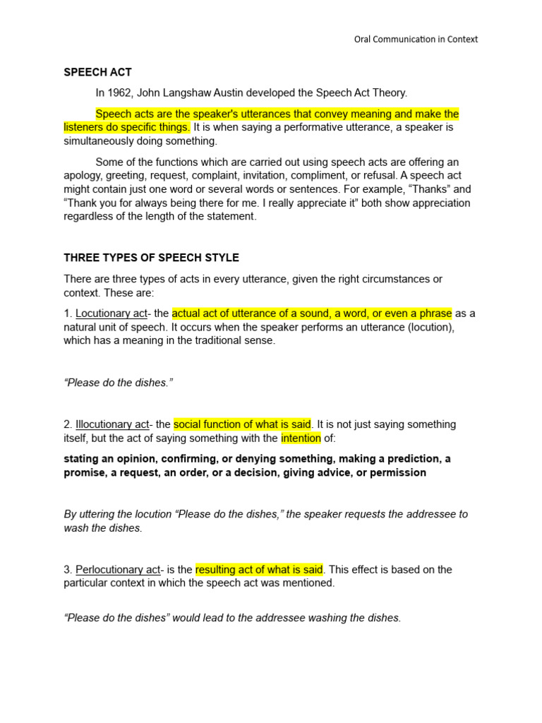 Speech Act & Type of Illocutionary Act | PDF | Human Communication ...