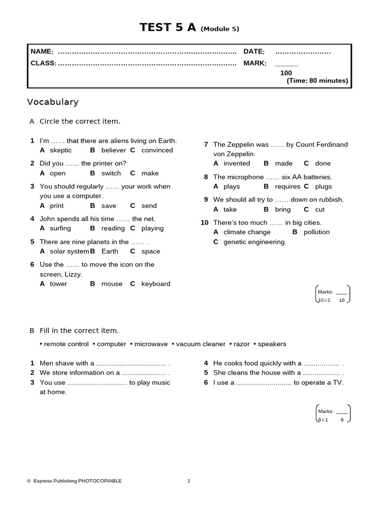 Upstream Elem A2 Test 5A | PDF