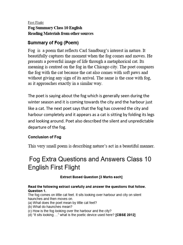 Fog Poem Summary and Questions Class 10 | PDF