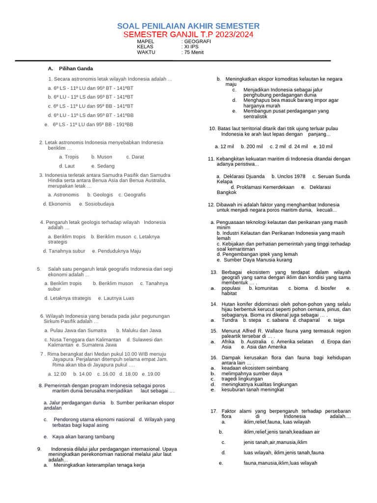 Soal Pas Geografi KLS Xi Ganjil - 2023 | PDF