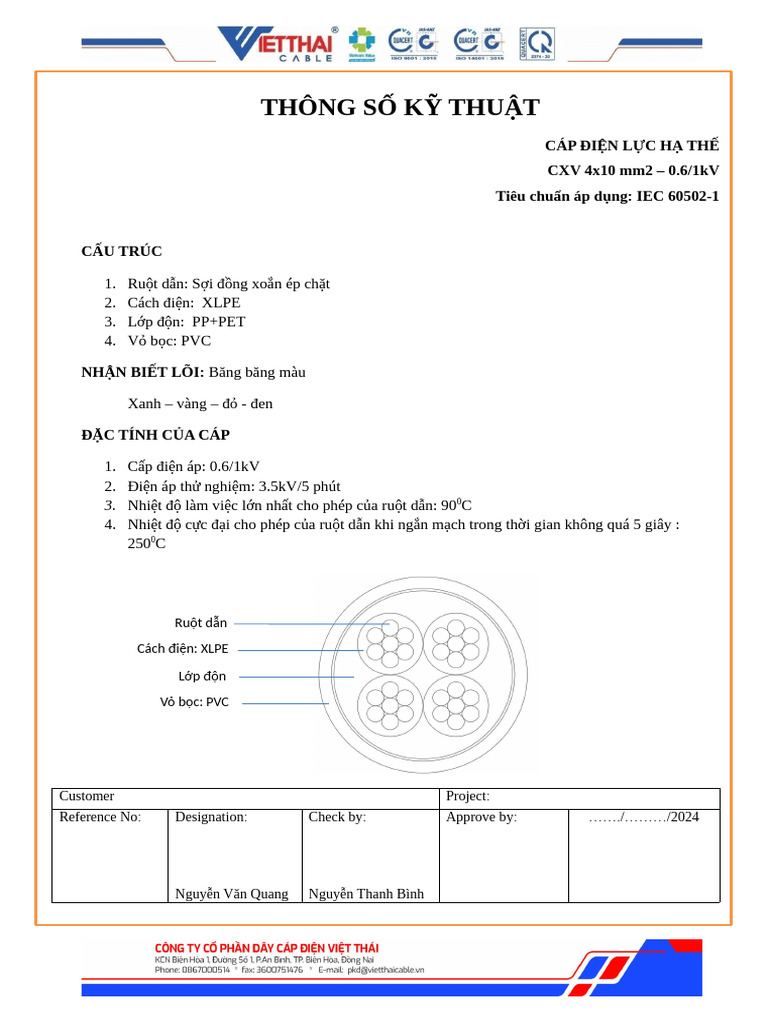THÔNG SỐ KỸ THUẬT - CXV 4x10-1kV | PDF