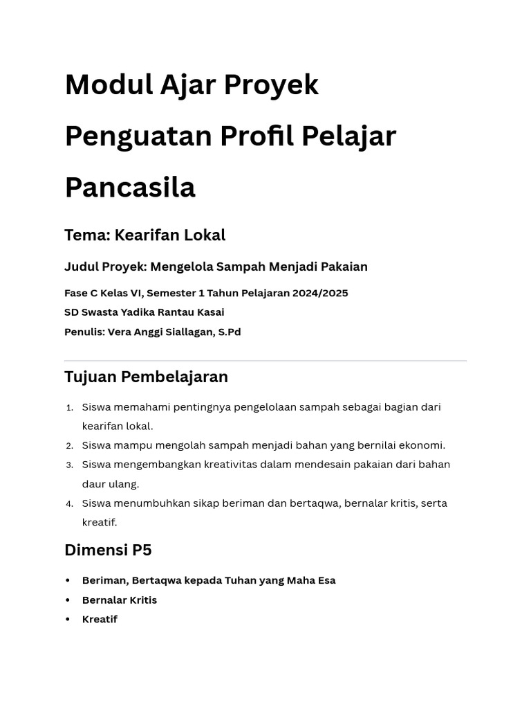 Modul Ajar Proyek Penguatan Profil Pelajar Pancasila | PDF