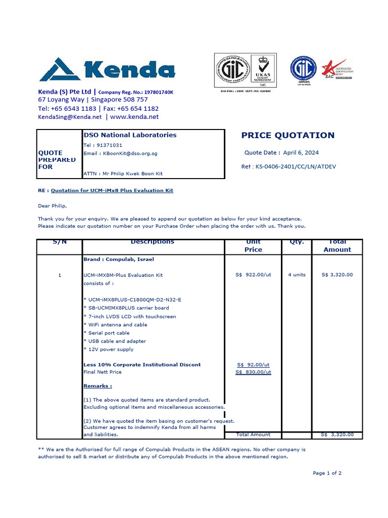 Quotation for UCM-iMx8 Plus Kit | PDF | Business
