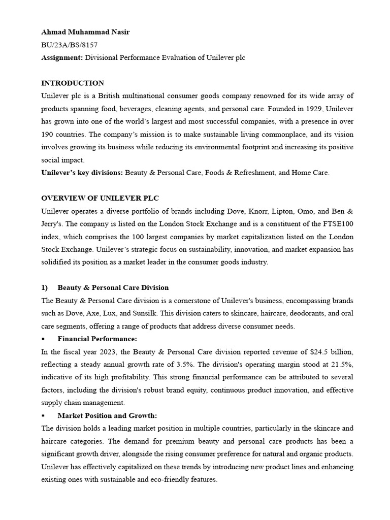 Divisional Performance Evaluation of Unilever PLC | PDF | Unilever | Brand