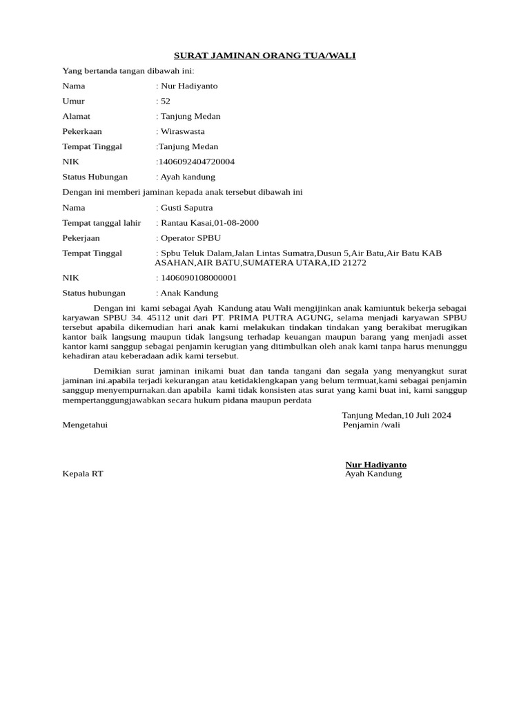 Surat Jaminan Orang Tua | PDF