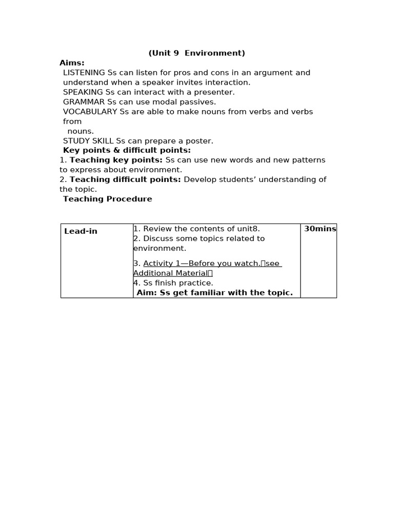 LS3U9 Environment Lesson Plan | PDF | Vocabulary | Verb