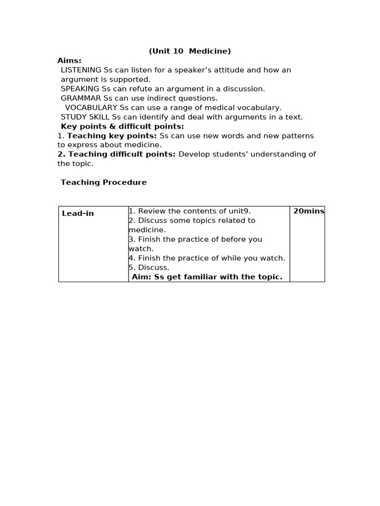 LS3U10 Medicine Lesson Plan | PDF | Vocabulary | Cognition