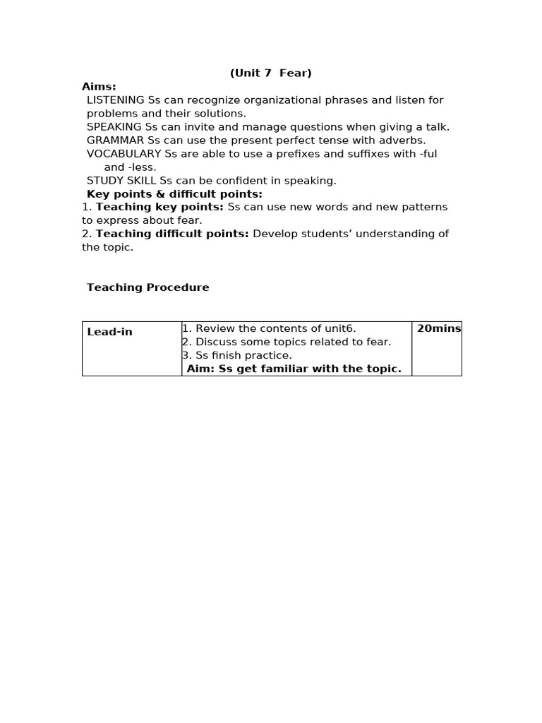LS3U7 Fear lesson plan | PDF | Vocabulary | Language Families