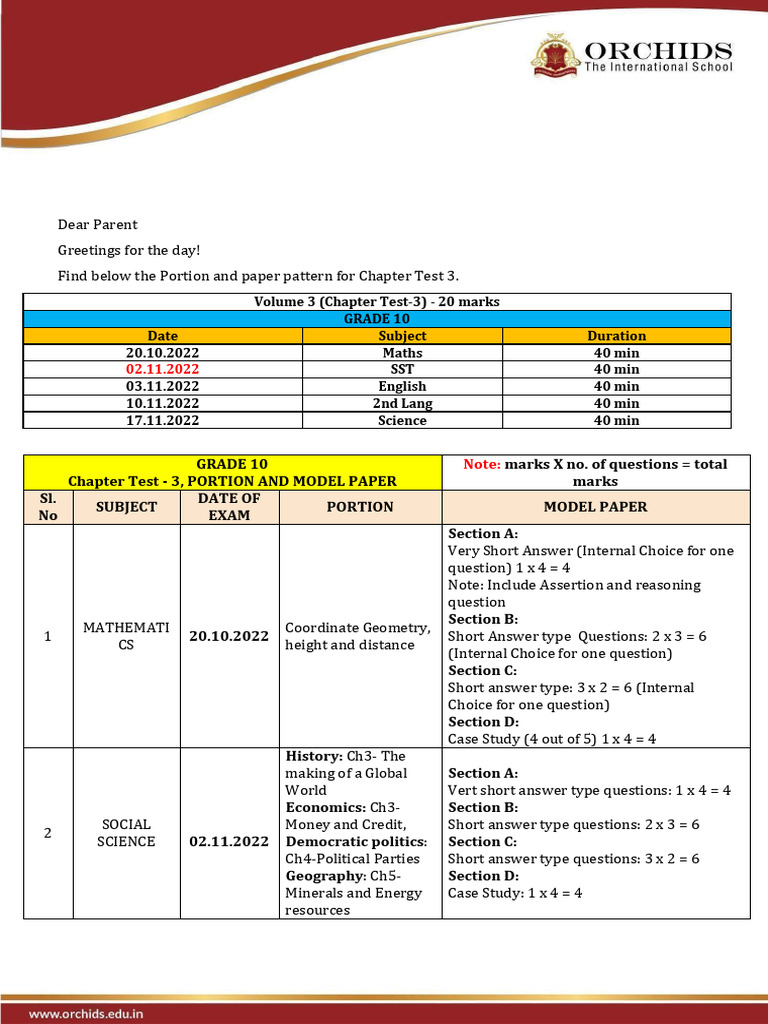 Chapter Test 3, Portion and Paper Pattern Grade X | PDF | Teaching ...