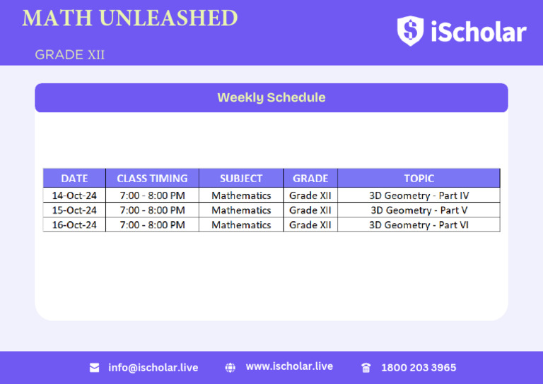 Weekly Schedule Math Unleashed Grade XII Batch 1 - 14 October - 19 October 2024 | PDF