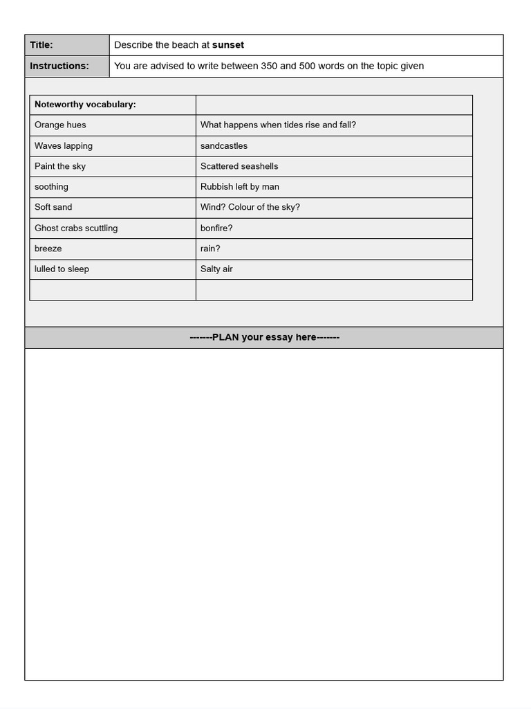 Essay - Describe the Beach at Sunset | PDF