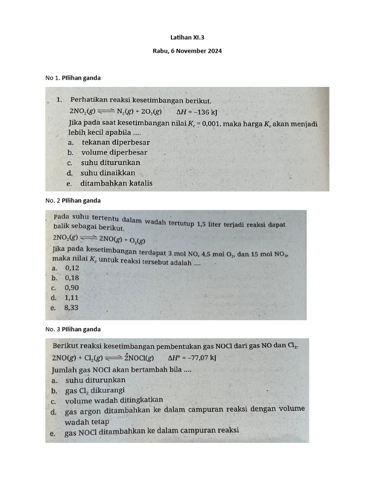 Latihan Kesetimbangan Kimia XI.3 - Rabu 6-11-24 | PDF