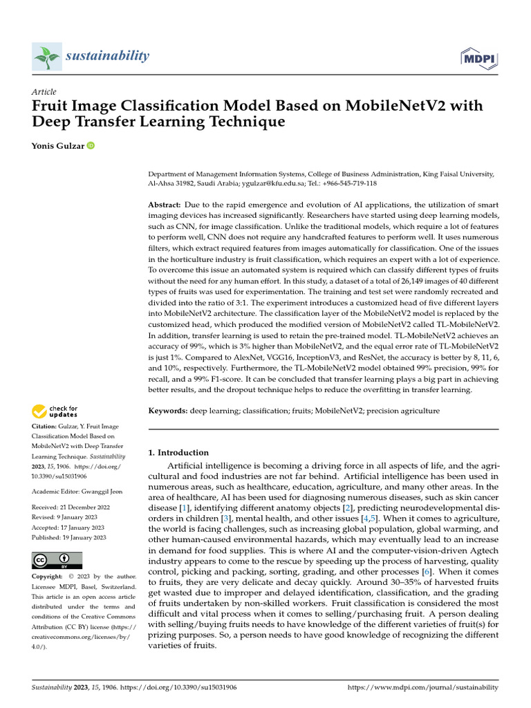 Fruit Image Classification Model Based on MobileNetV2 with Deep ...
