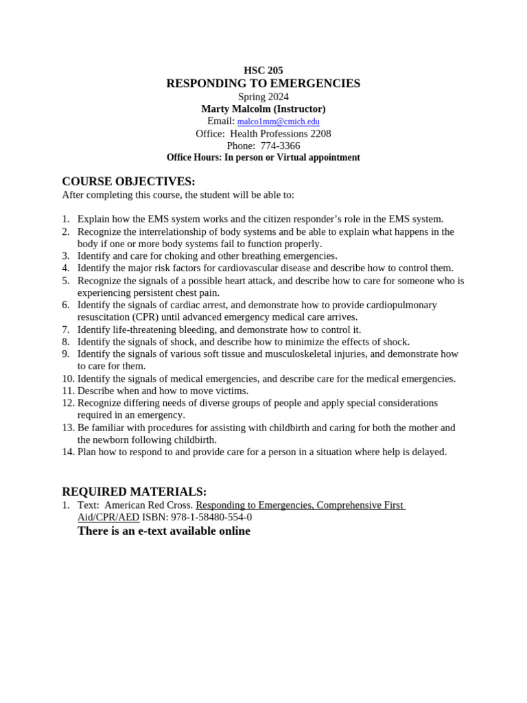 HSC 205 Spring 2024 Syllabus | PDF | Cardiac Arrest | Cardiopulmonary ...