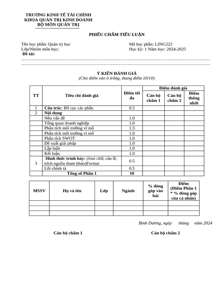 Phieu Cham Tieu Luan M I LING 222 | PDF