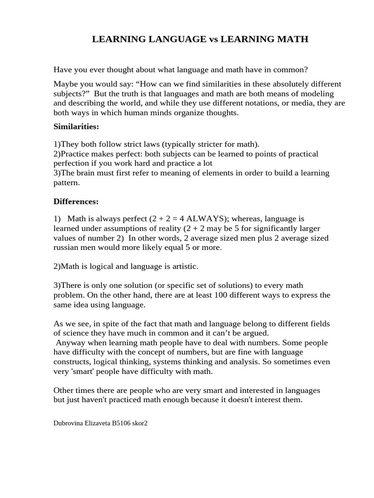 Language and Math: Similarities and Differences | PDF | Language Arts ...