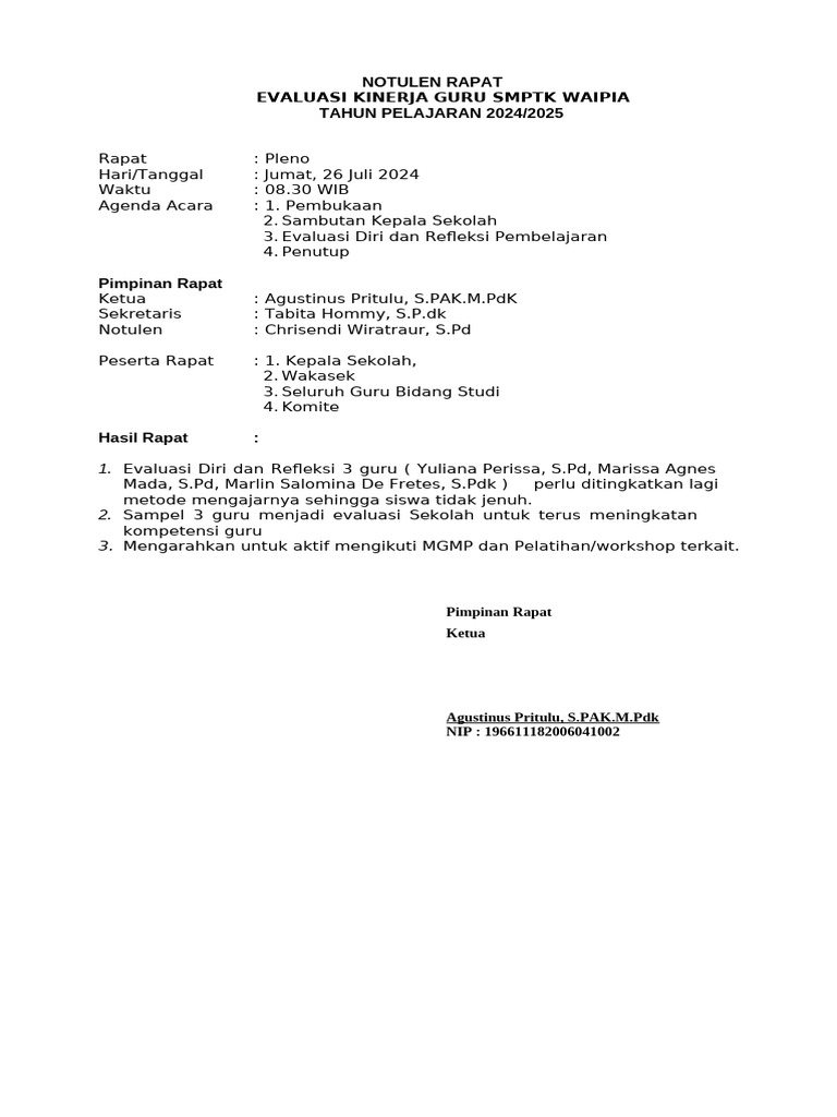 Evaluasi Kinerja Guru SMPTK Waipia 2024 | PDF