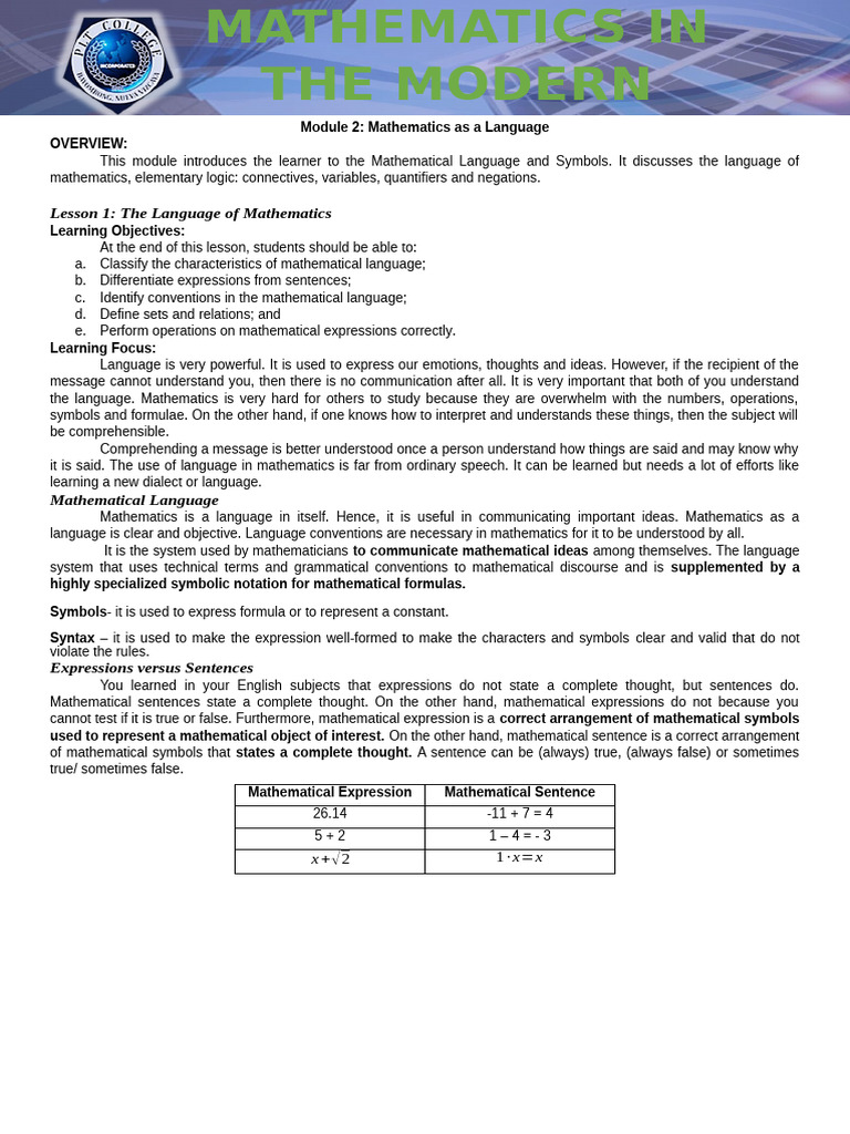 Chapter 2 Mathematical Language | PDF | Set (Mathematics) | Multiplication
