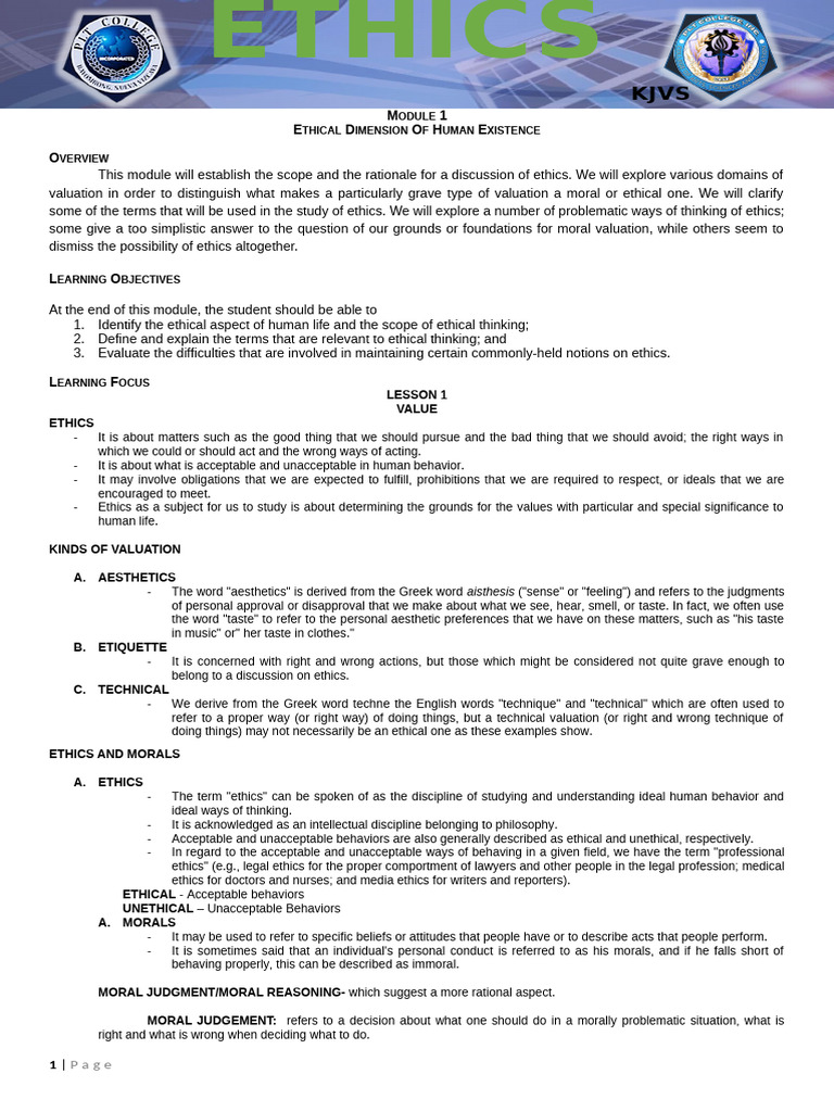 Ethics M1 | PDF | Morality | Thought