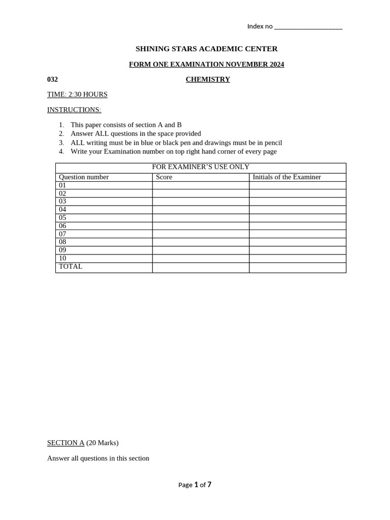 Form One Chemistry Exam November 2024 | PDF | Chemical Substances | Mixture