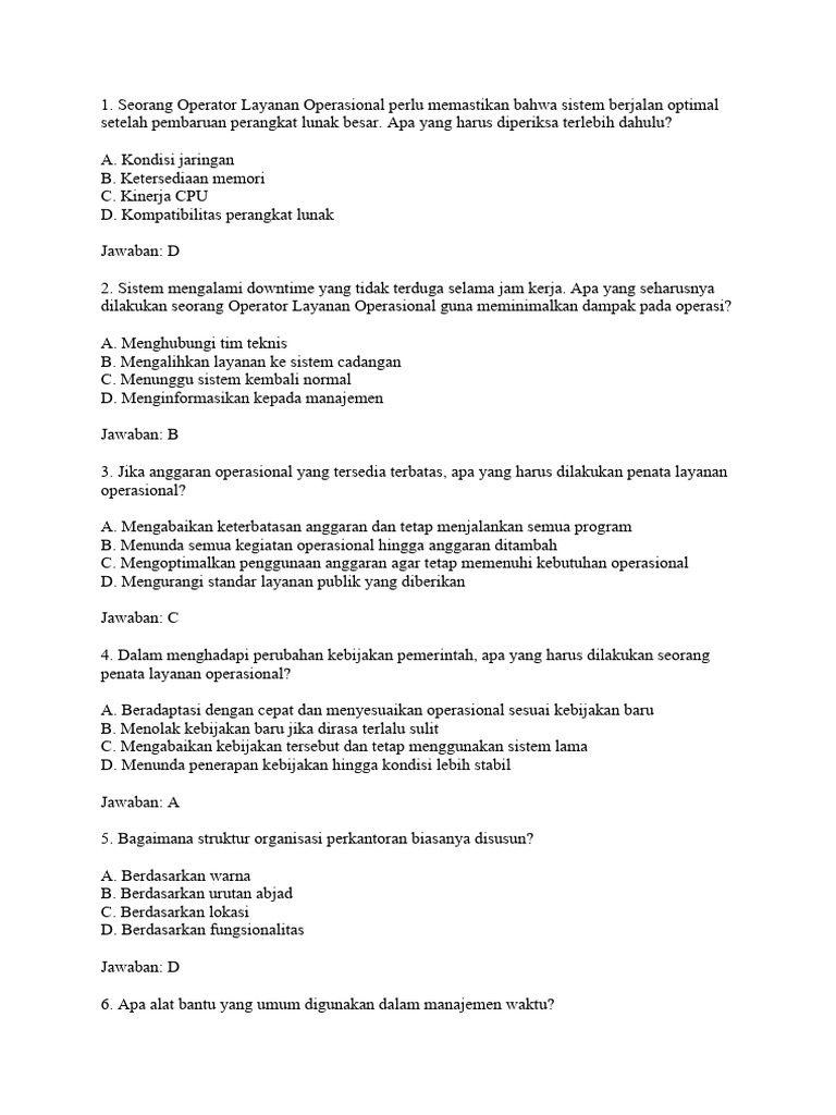 Contoh Soal Dan Jawaban PPPK Operator Layanan Operasional 2024 | PDF | Teknologi & Rekayasa