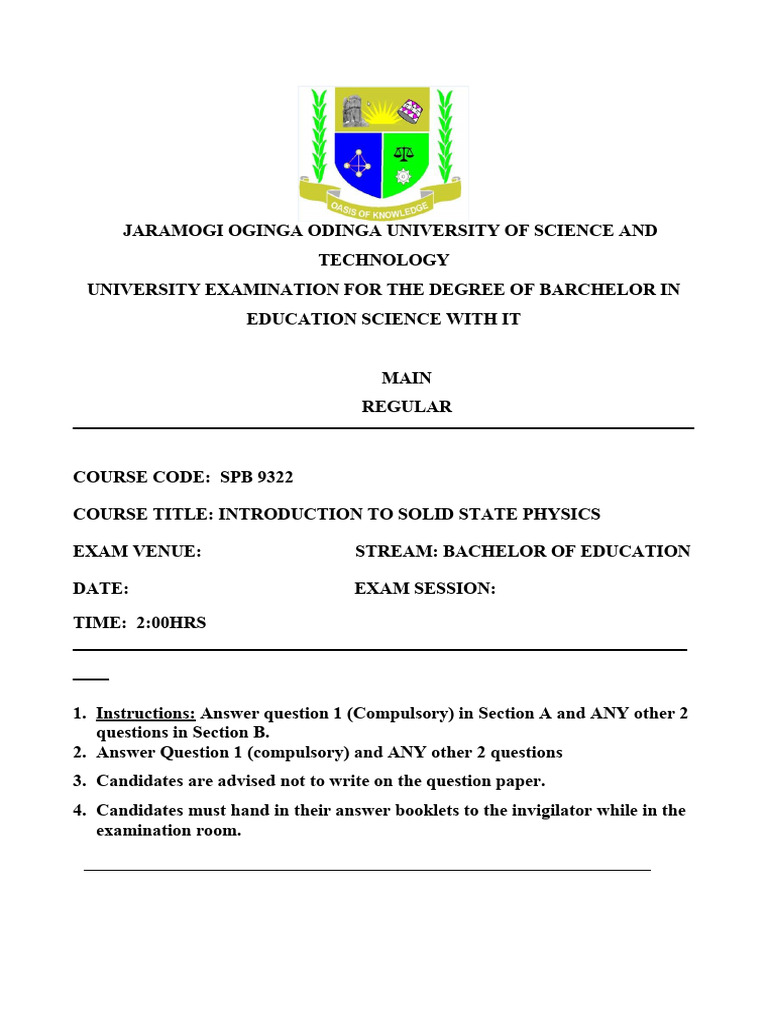 Solid State Physics Exam Paper | PDF | Electrical Resistivity And ...