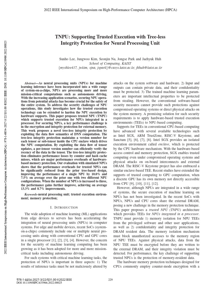 TNPU Supporting Trusted Execution With Tree-Less Integrity Protection For Neural Processing Unit ...