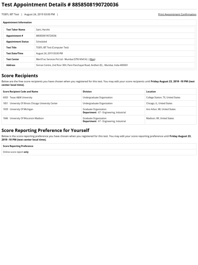 TOEFL Appointment | PDF