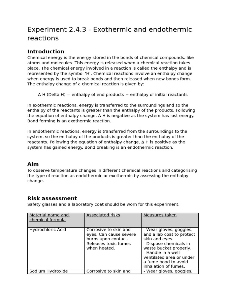 Experiment 2.4.3 Exothermic and Endothermic Reactions | PDF | Chemical ...