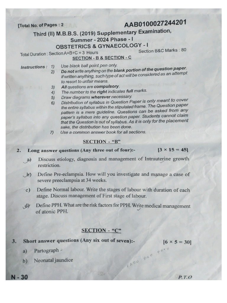 Mbbs 4th Year (Last Year) Supply Questions Paper | PDF