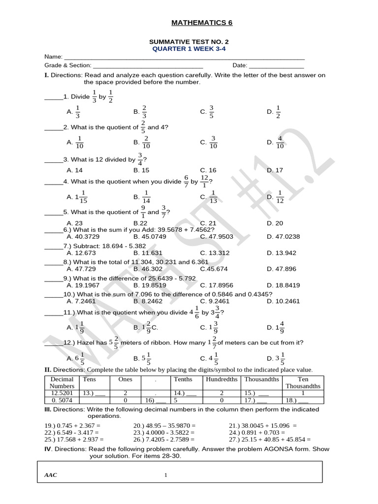 Grade 6 Math Test: Fractions & Decimals | PDF | Summation ...