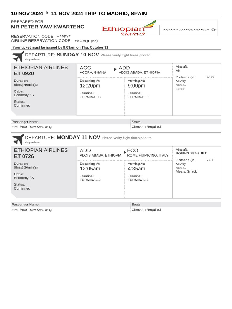 Travel Reservation November 10 For MR PETER YAW KWARTENG | PDF ...