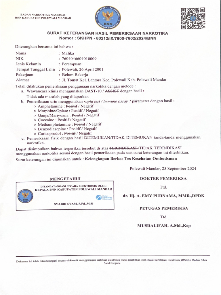 Surat Keterangan Bebas Narkoba - Malika - SLB0040 - Sulawesi Barat | PDF