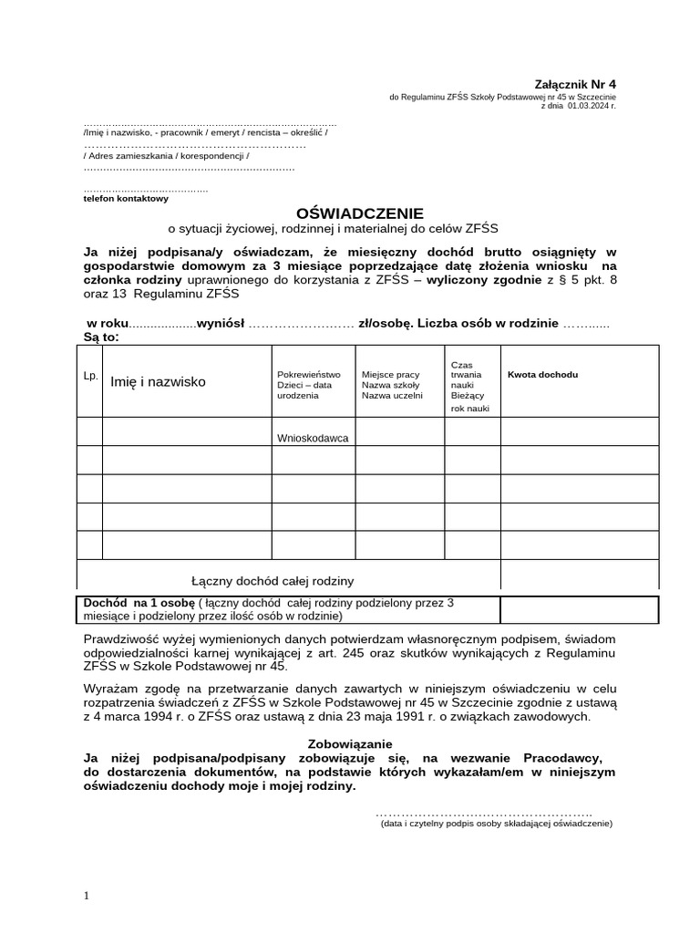 Oswiadczenie NR 4 o Sytuacji Zyciowej Rodzinnej I Materialnej Do Celow ...